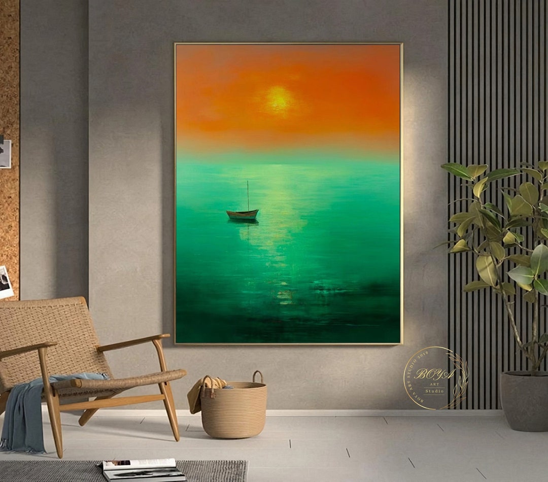 Large Seascape Wall Art Orange Sunset Painting Boat Abstract Art ...