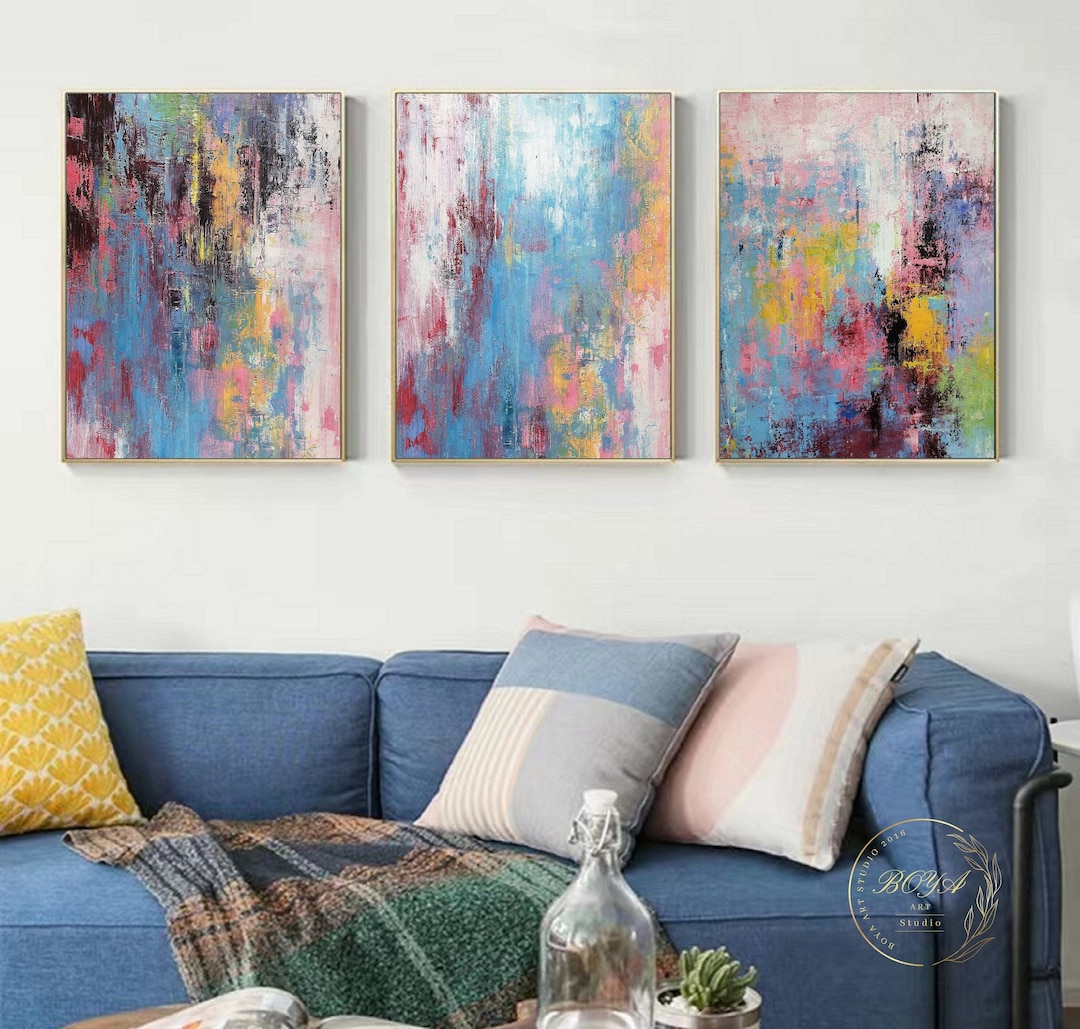 Original Multicolor Painting Set of 3 Wall Art Blue Textured Abstract ...