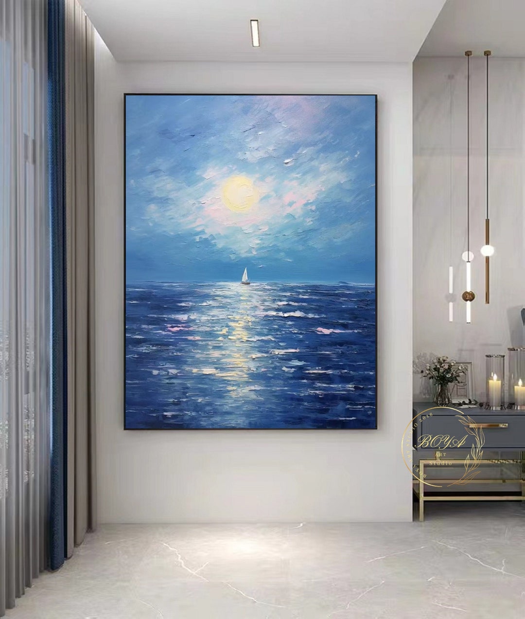 Large Blue Seascape Wall Art Sailboat Abstract Painting Blue Textured ...