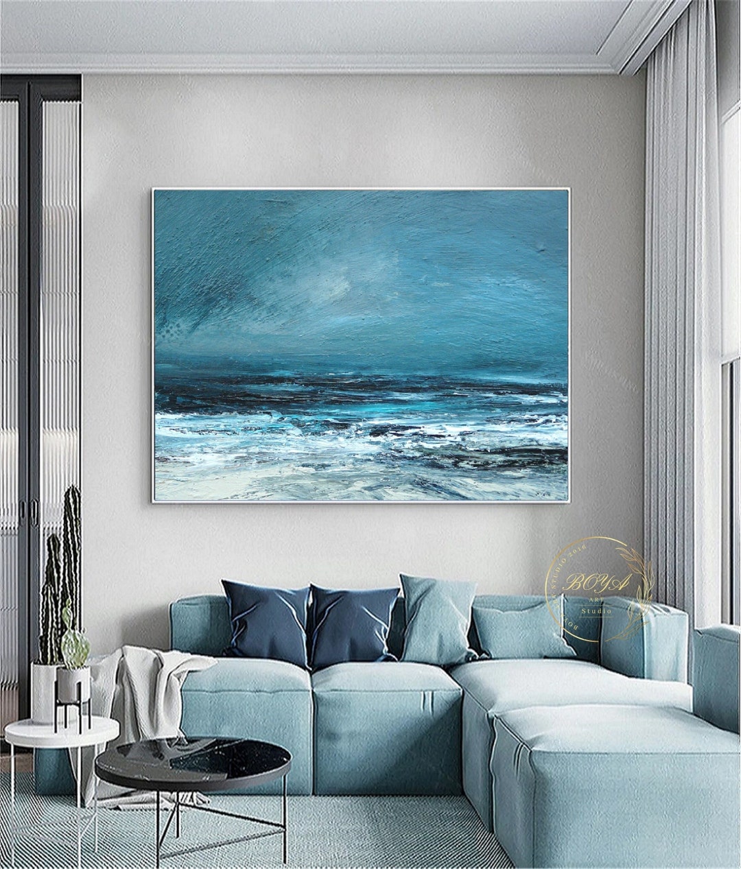 Large Blue Ocean Abstract Painting Original Seascape Oil Painting White ...