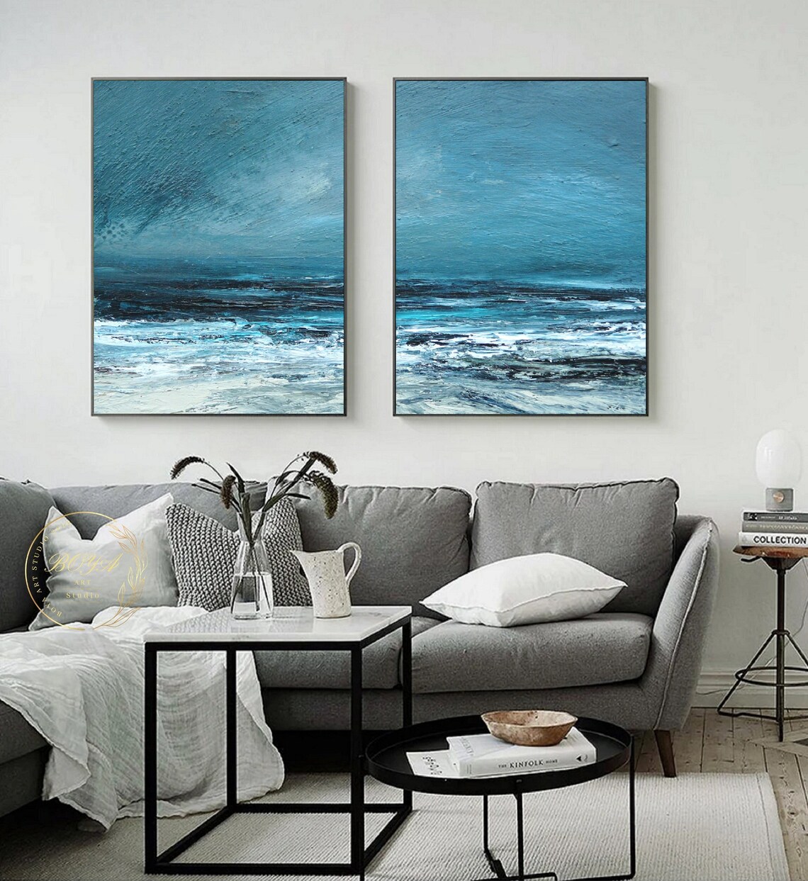 Set of 2 Wall Art Blue Ocean Abstract Painting Original Sea - Etsy