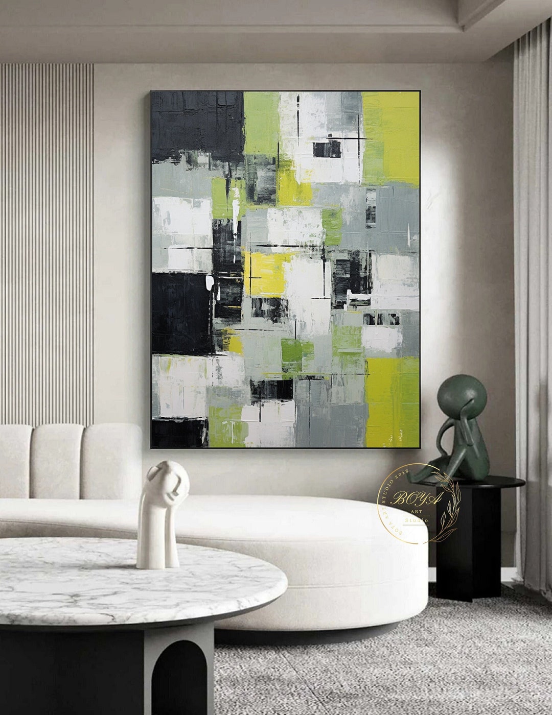 Lime Green Abstract Painting Original Green Wall Art Black White ...
