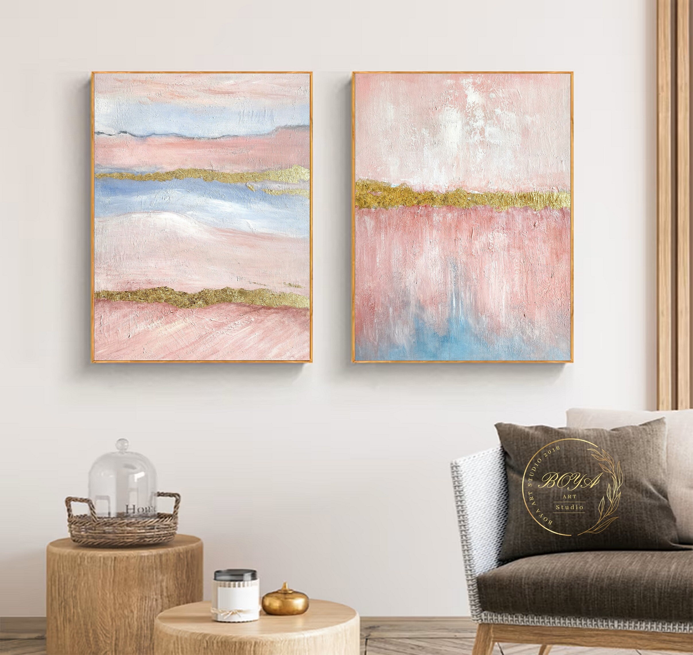 Pink Minimalism Painting Set of 2 Pink Wall Art Pink Abstract - Etsy