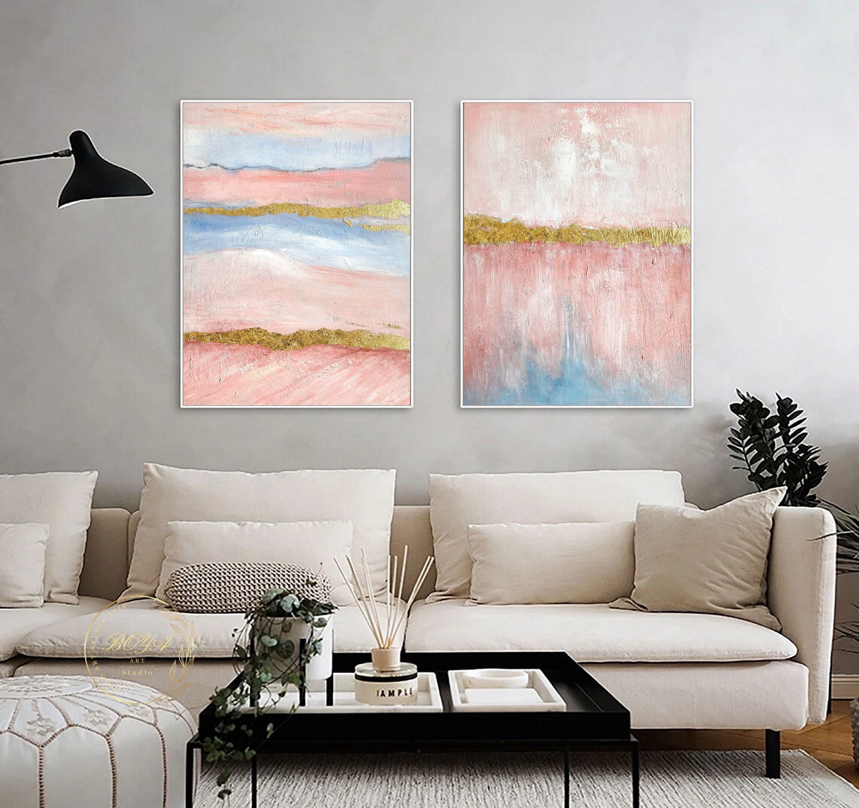 Pink Minimalism Painting Set of 2 Pink Wall Art Pink Abstract - Etsy
