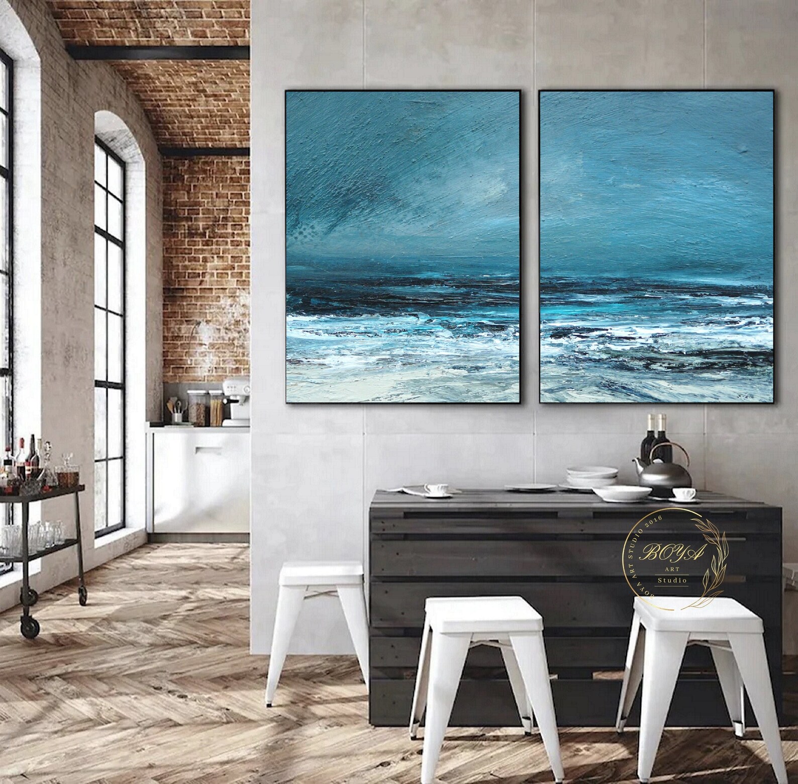 Set of 2 Wall Art Blue Ocean Abstract Painting Original Sea - Etsy