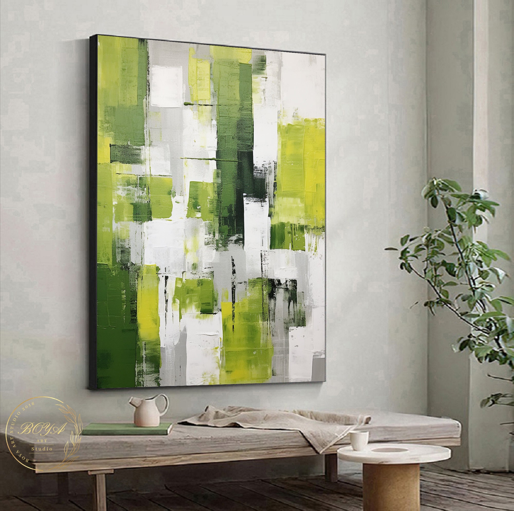 Lime Green Wall Art Original Green Abstract Painting White Textured Art ...