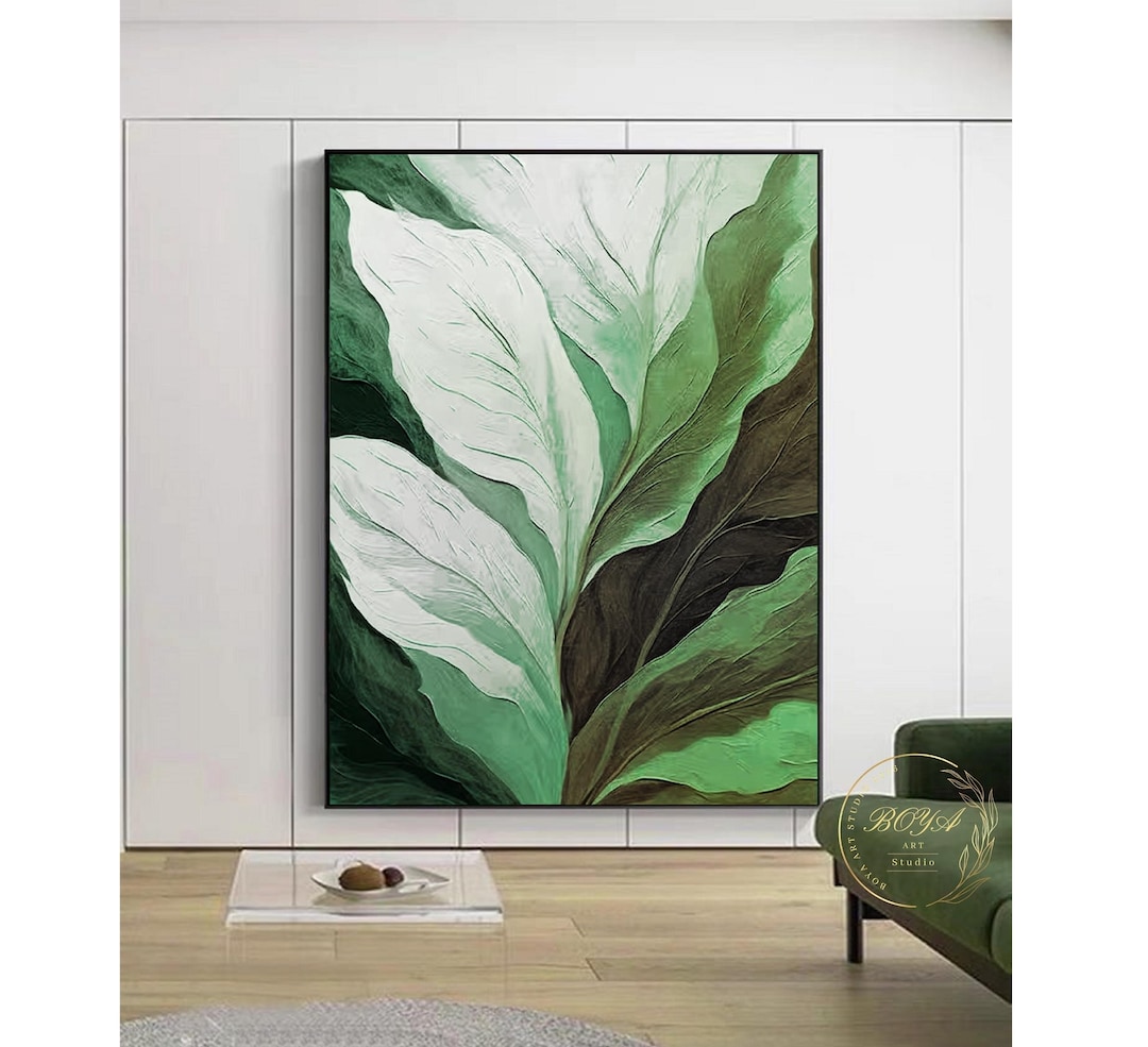 Green Leaves Wall Art Green Abstract Painting Large Leaves Abstract Art ...