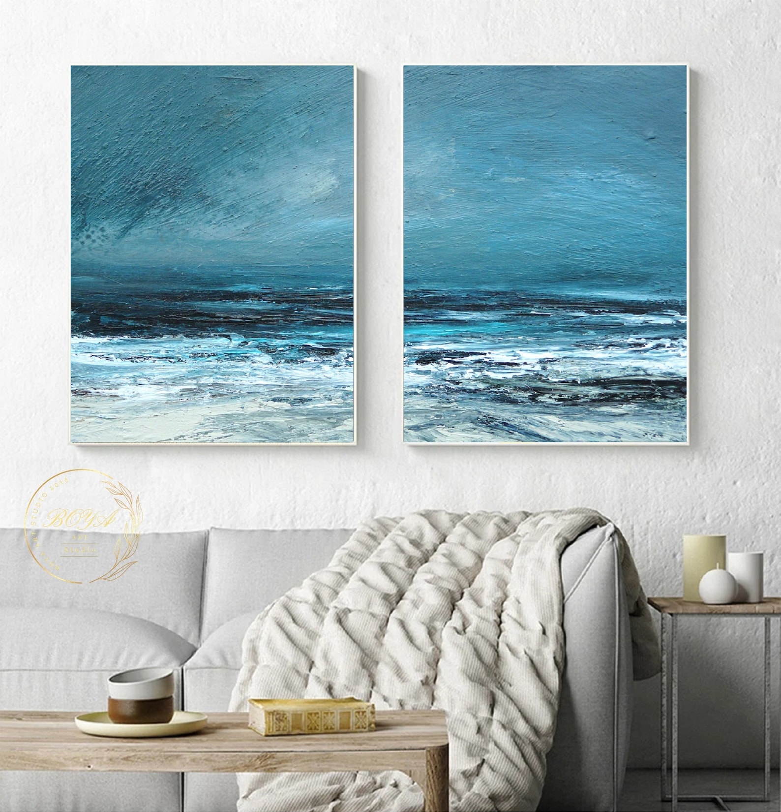 Set of 2 Wall Art Blue Ocean Abstract Painting Original Sea - Etsy