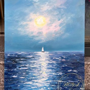 Large Blue Seascape Wall Art Sailboat Abstract Painting Blue Textured ...