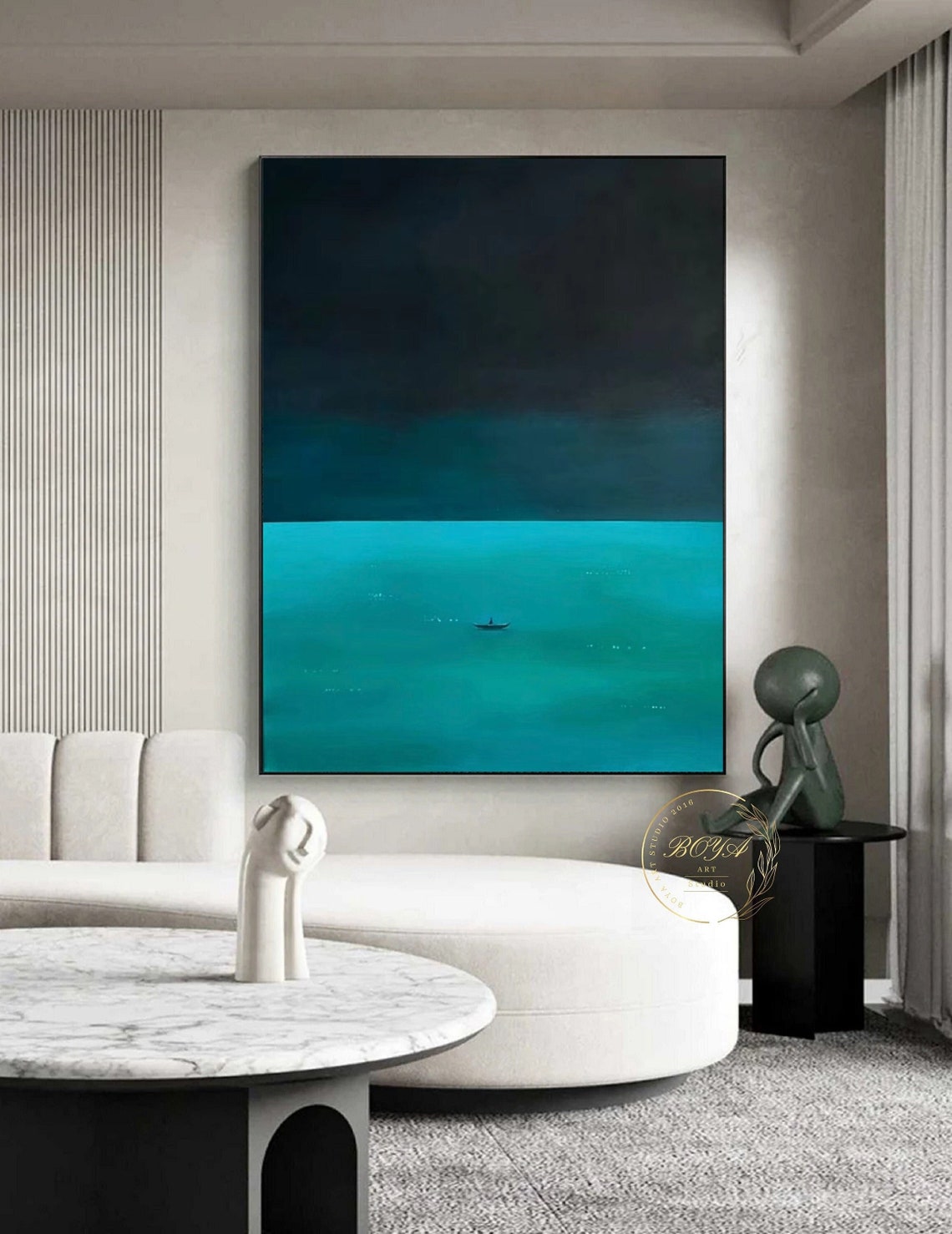 Large Minimalist Wall Art Blue Sea Abstract Painting Green Canvas Art ...