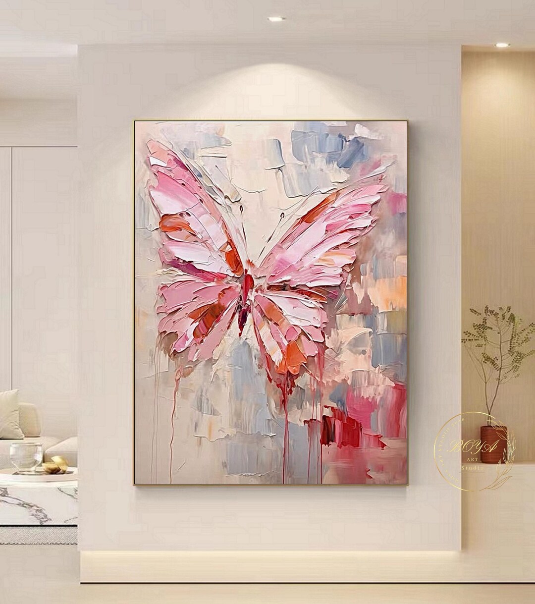 Pink Abstract Painting Butterfly Abstract Art Beige Textured Painting ...