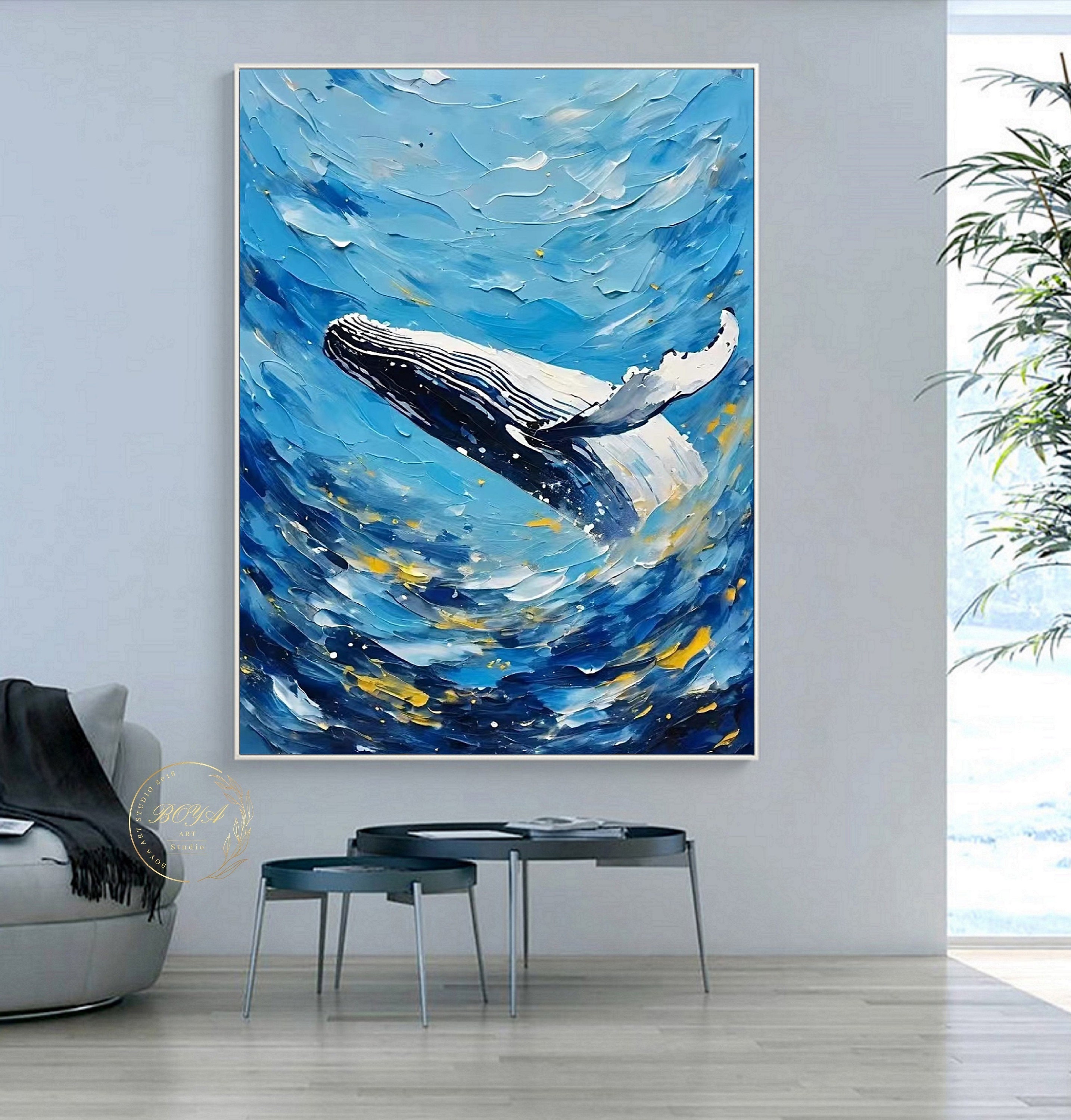 Abstract Whale Oil Painting Blue Ocean Wall Painting Large Animal ...