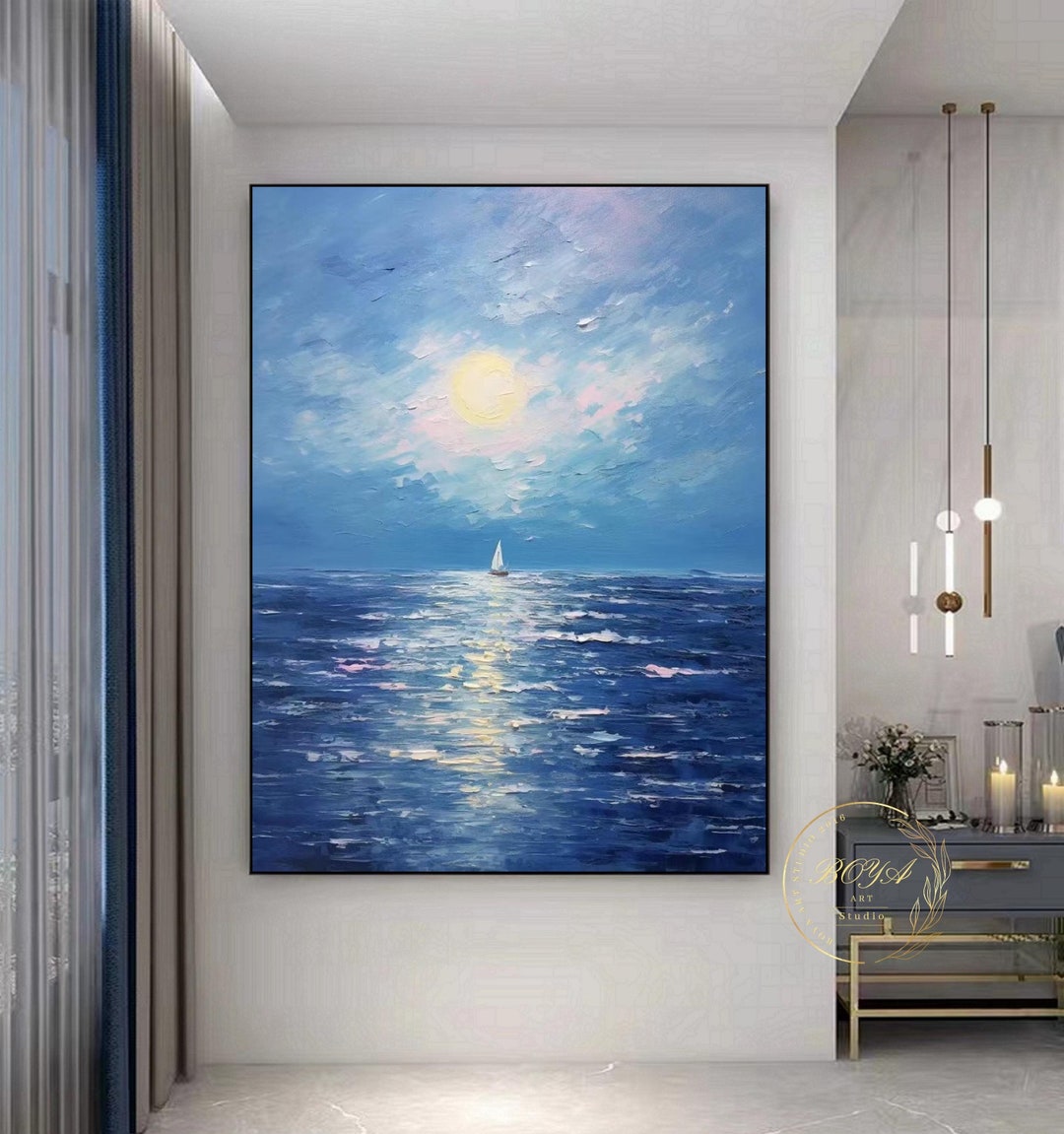 Large Blue Seascape Wall Art Sailboat Abstract Painting Blue Textured ...