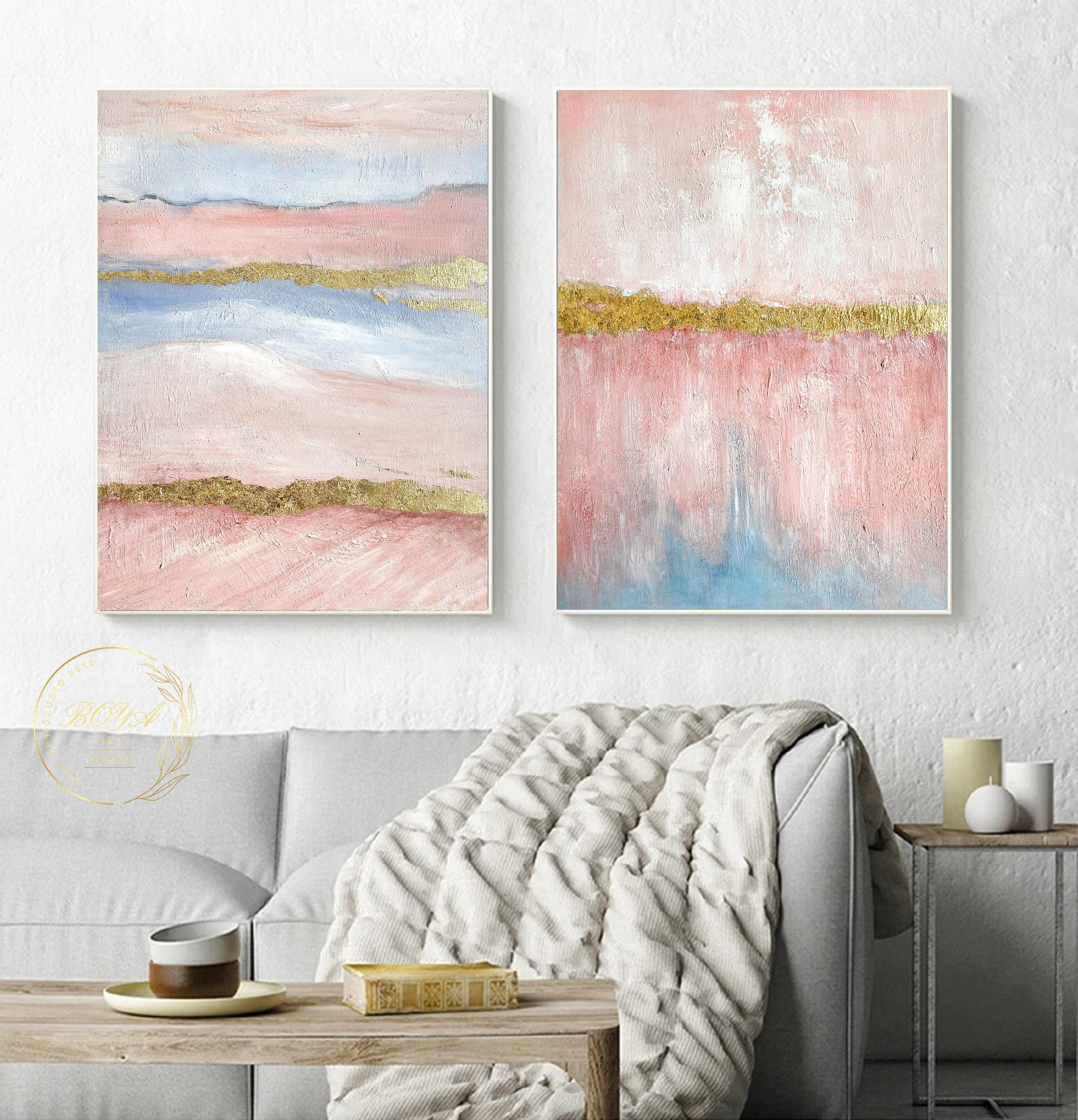 Pink Minimalism Painting Set of 2 Pink Wall Art Pink Abstract - Etsy