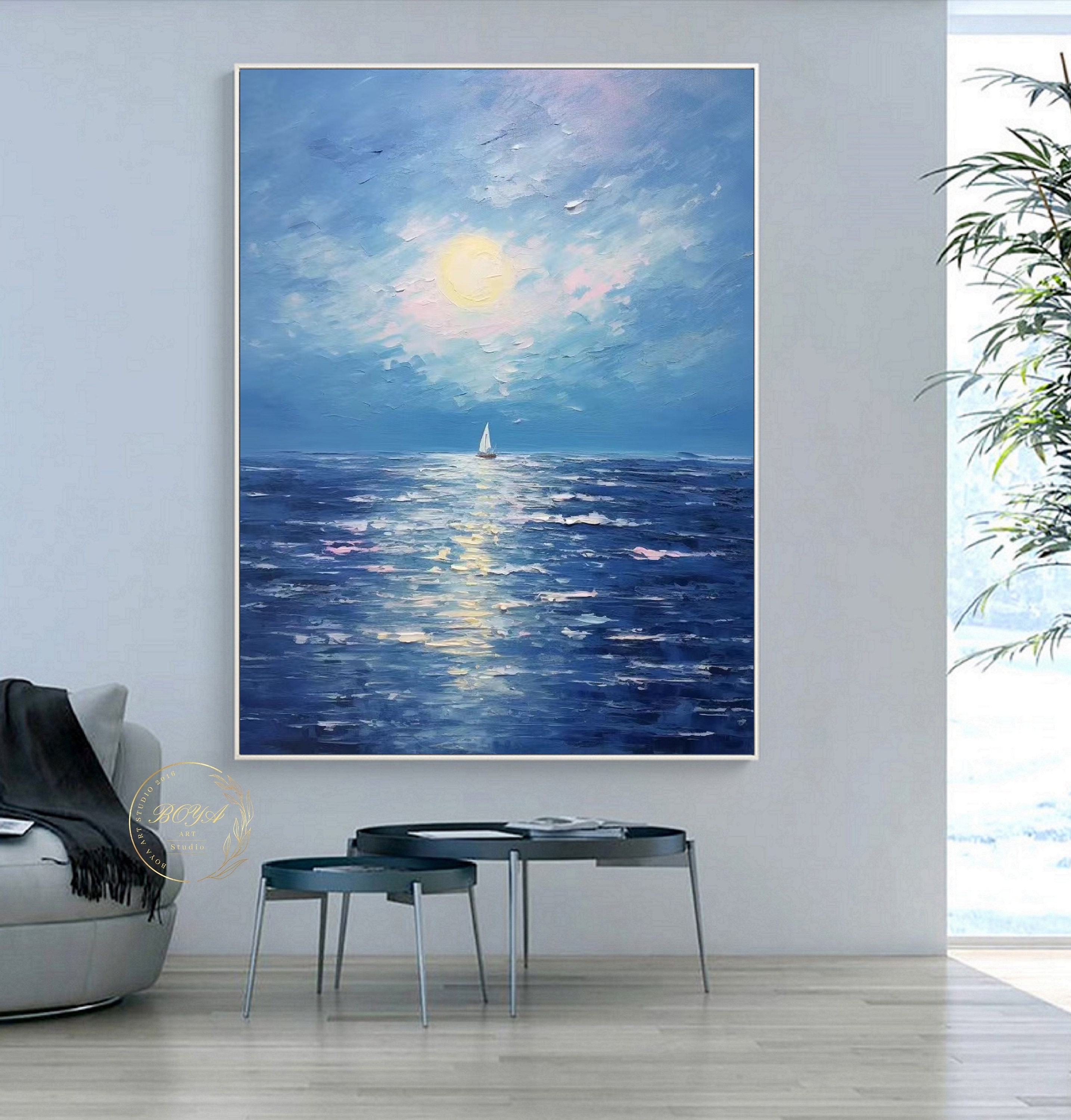 Large Blue Seascape Wall Art Sailboat Abstract Painting Blue - Etsy