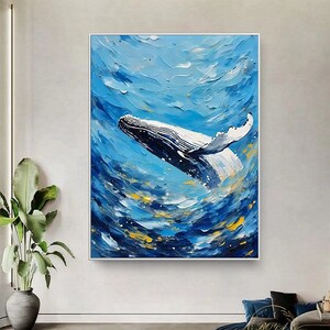 Original Textured Oil Painting, Blue Abstract Wall Art, Large Whales ...