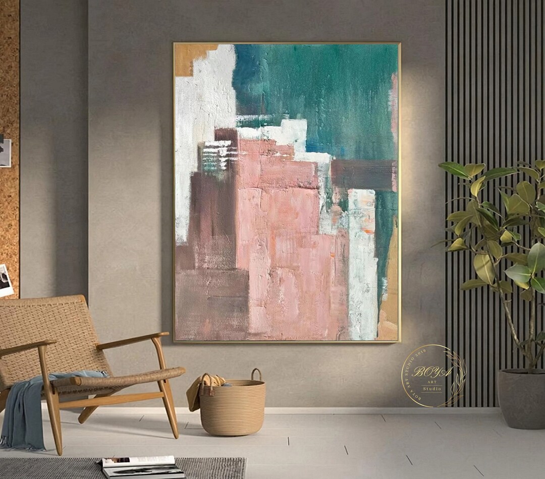 Large Texture Abstract Painting Pink Abstract Painting Green Canvas Art ...