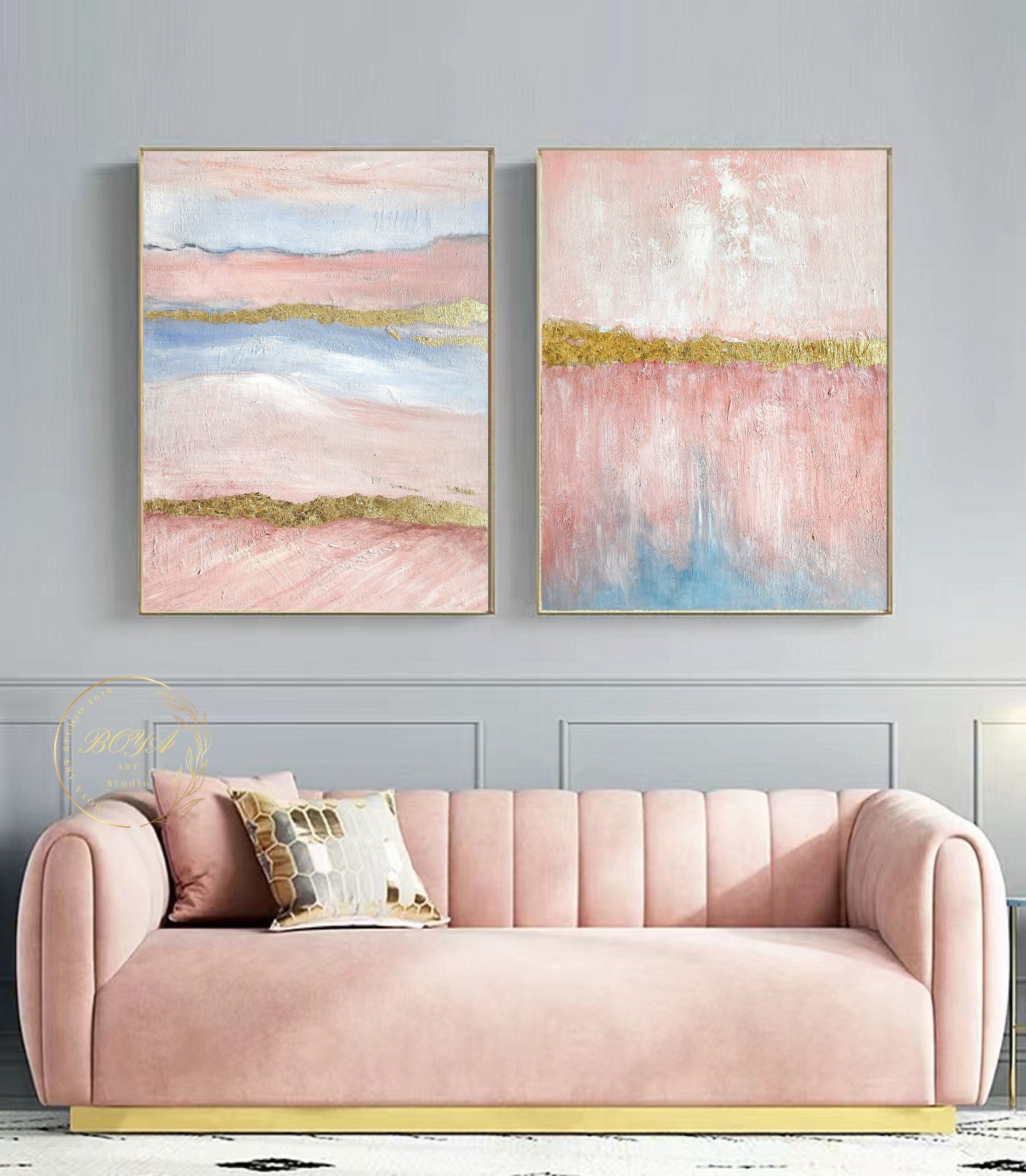 Pink Minimalism Painting Set of 2 Pink Wall Art Pink Abstract - Etsy