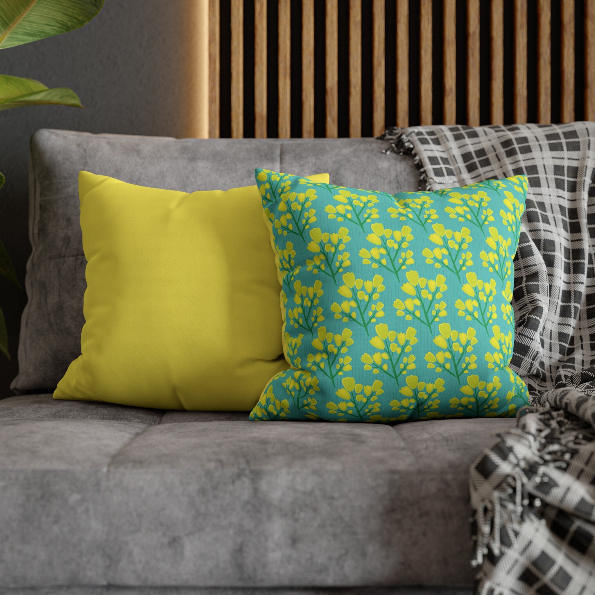 Yellow and Blue Pillow Maximalist Flower Square Poly Canvas Pillowcase ...