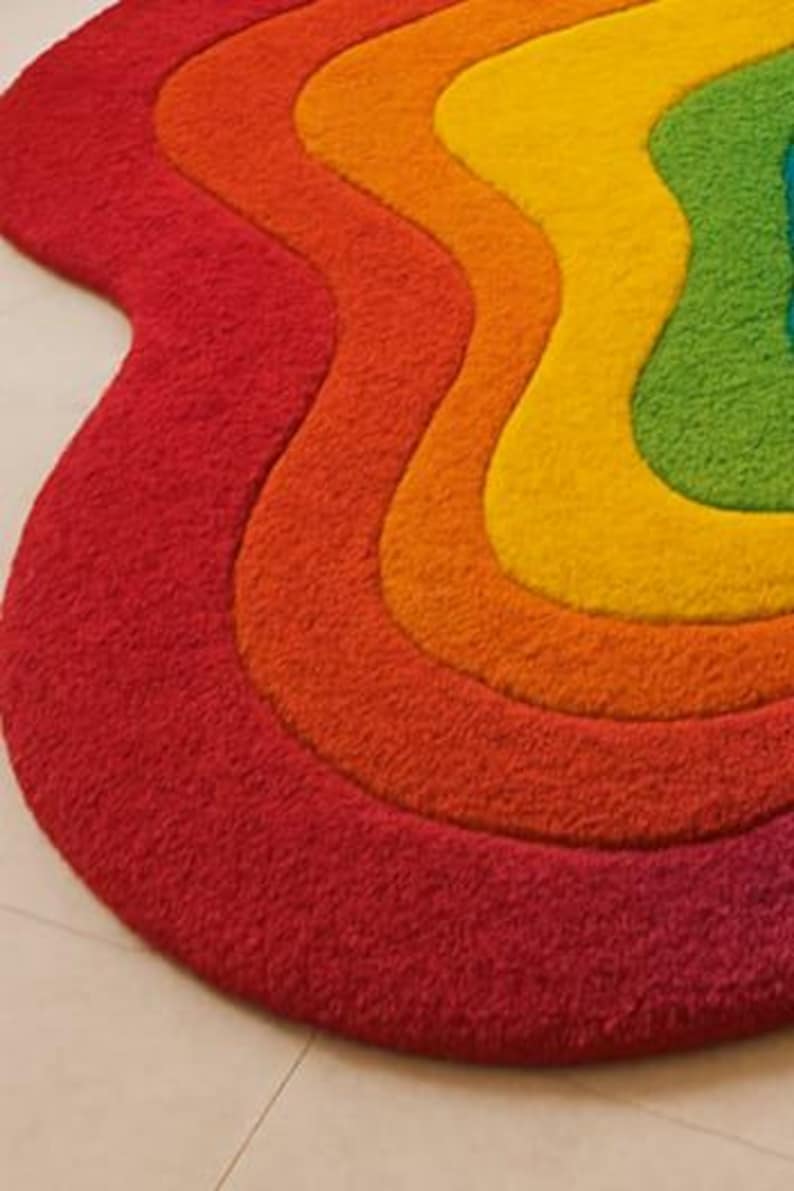 Rainbow Wavy Rug – Colorful Irregular Tufted Carpet, Bold Artistic ...