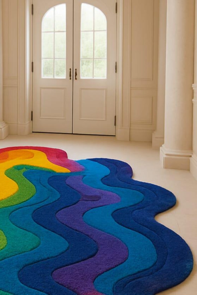 Rainbow Wavy Rug – Colorful Irregular Tufted Carpet, Bold Artistic ...
