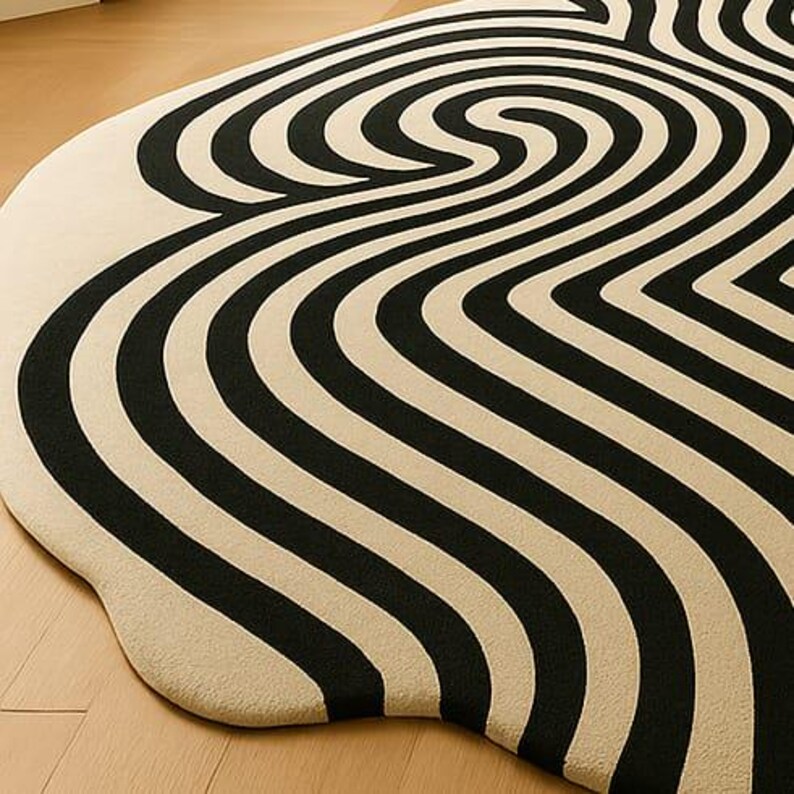 Black and White Modern Wavy Rug | Irregular Optical Illusion Pattern ...