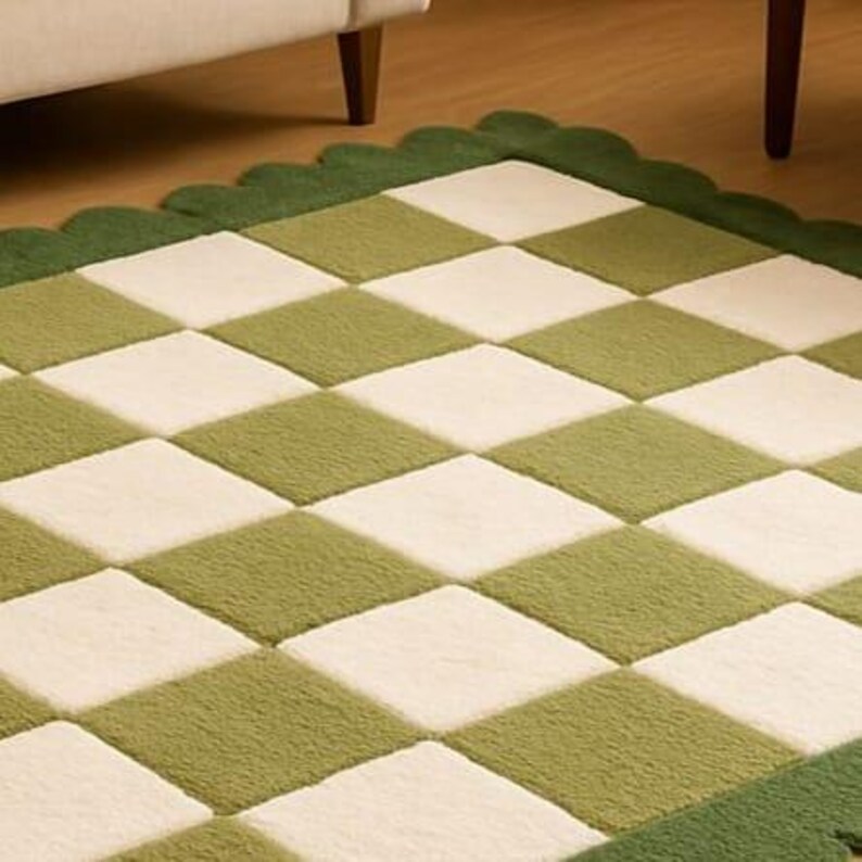 Green Checkered Scalloped Edge Rug – Handmade Soft Wool Tufted Carpet ...