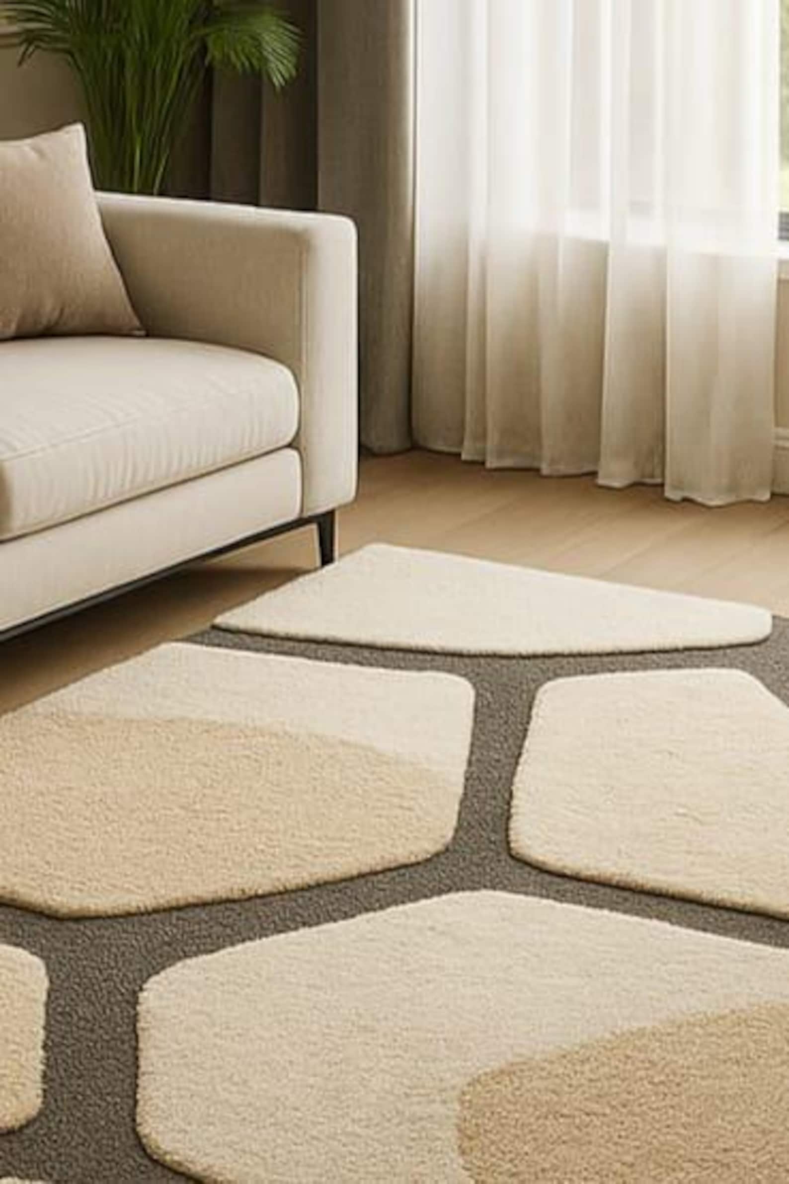 Modern Geometric Beige Rug – Hand-tufted Neutral Wool Carpet for Living ...