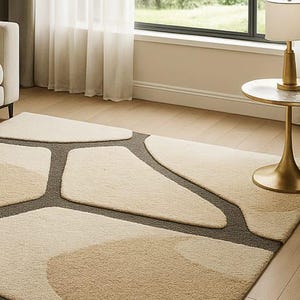 Modern Geometric Beige Rug – Hand-tufted Neutral Wool Carpet for Living ...