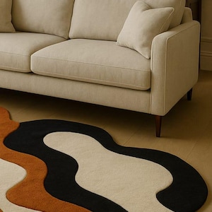 Retro Wavy Abstract Rug | Handmade Irregular Black, White & Rust Modern ...
