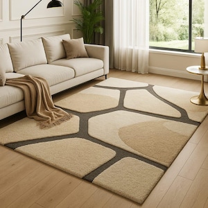 Modern Geometric Beige Rug – Hand-tufted Neutral Wool Carpet for Living ...