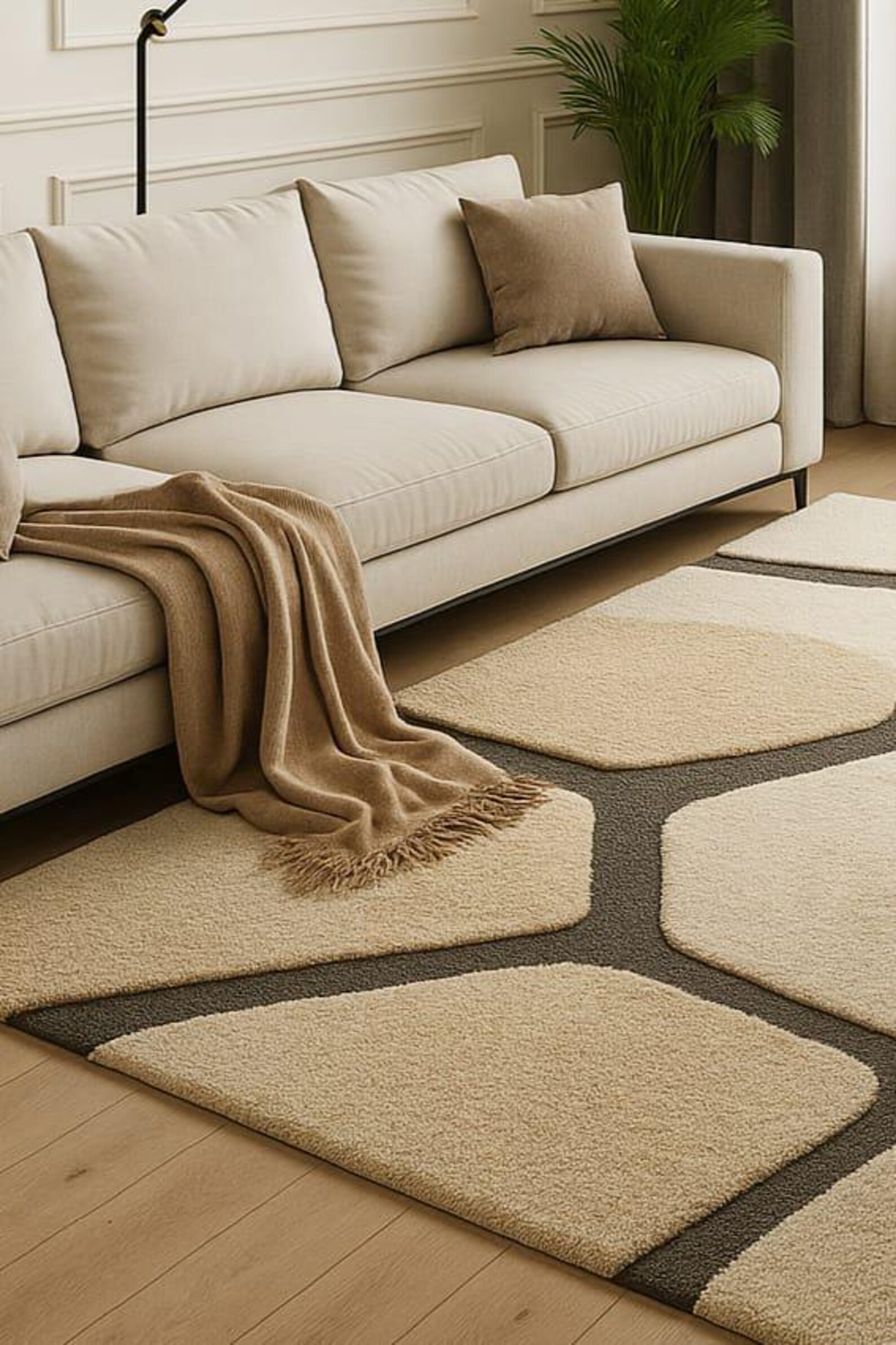 Modern Geometric Beige Rug – Hand-tufted Neutral Wool Carpet for Living ...