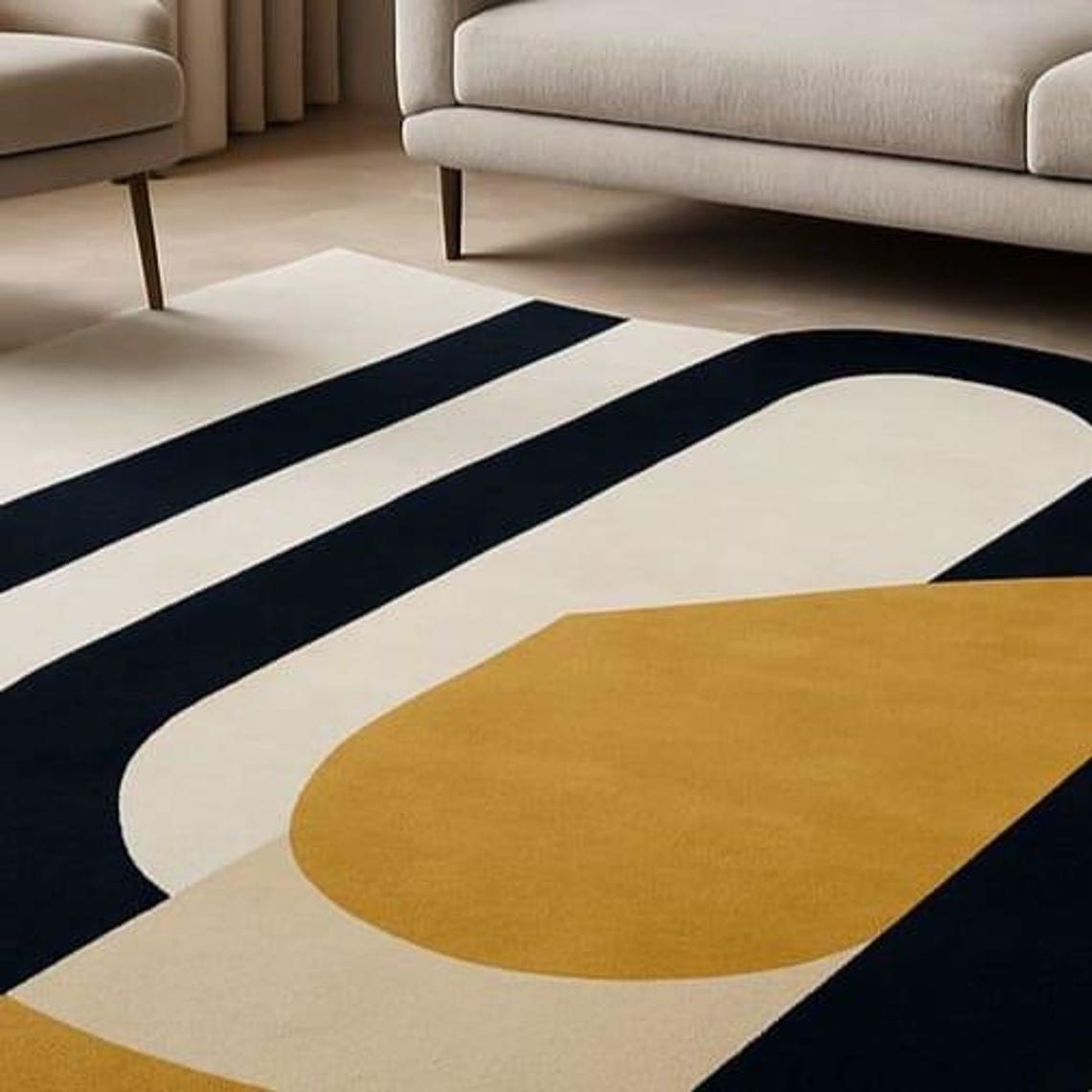 Geometric Modern Rug – Handmade Mustard, Ivory & Black Tufted Carpet ...