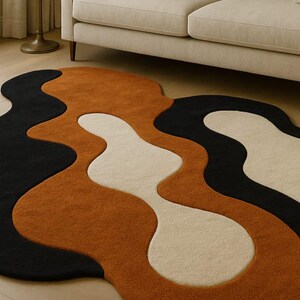 Retro Wavy Abstract Rug | Handmade Irregular Black, White & Rust Modern ...