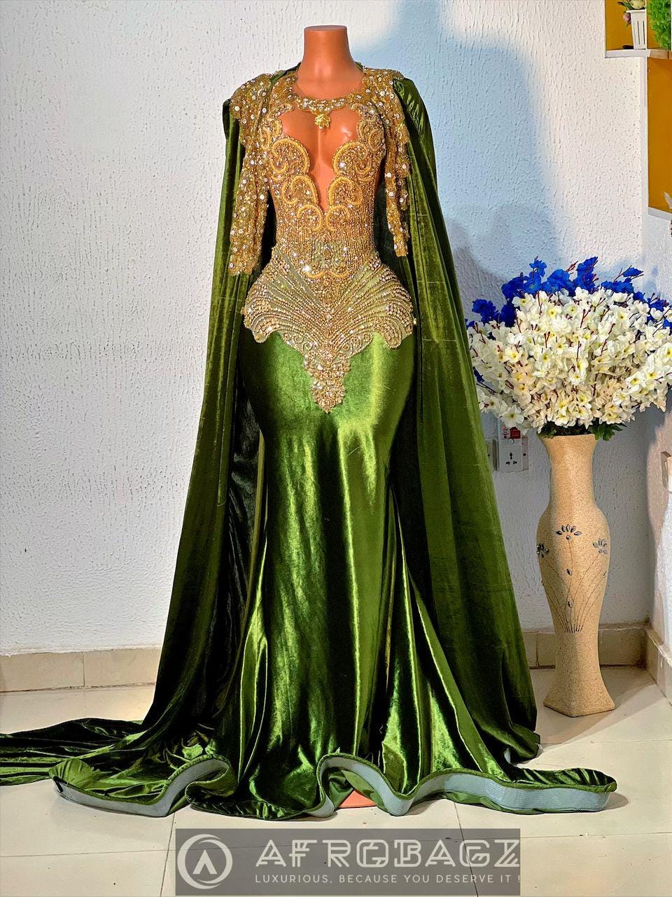 Army Green Cape Prom Dress: Jeweled Mermaid Gown - Etsy