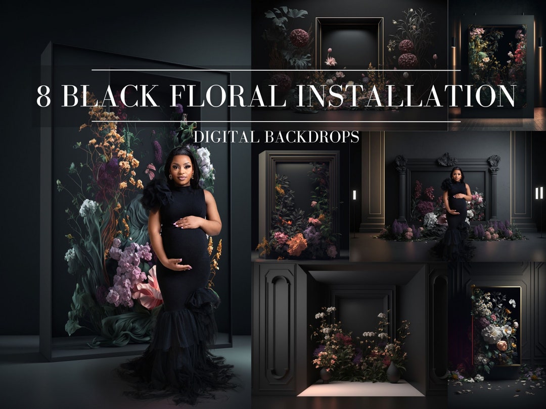Black Floral Digital Backdrops, Maternity Overlay for Photoshop ...