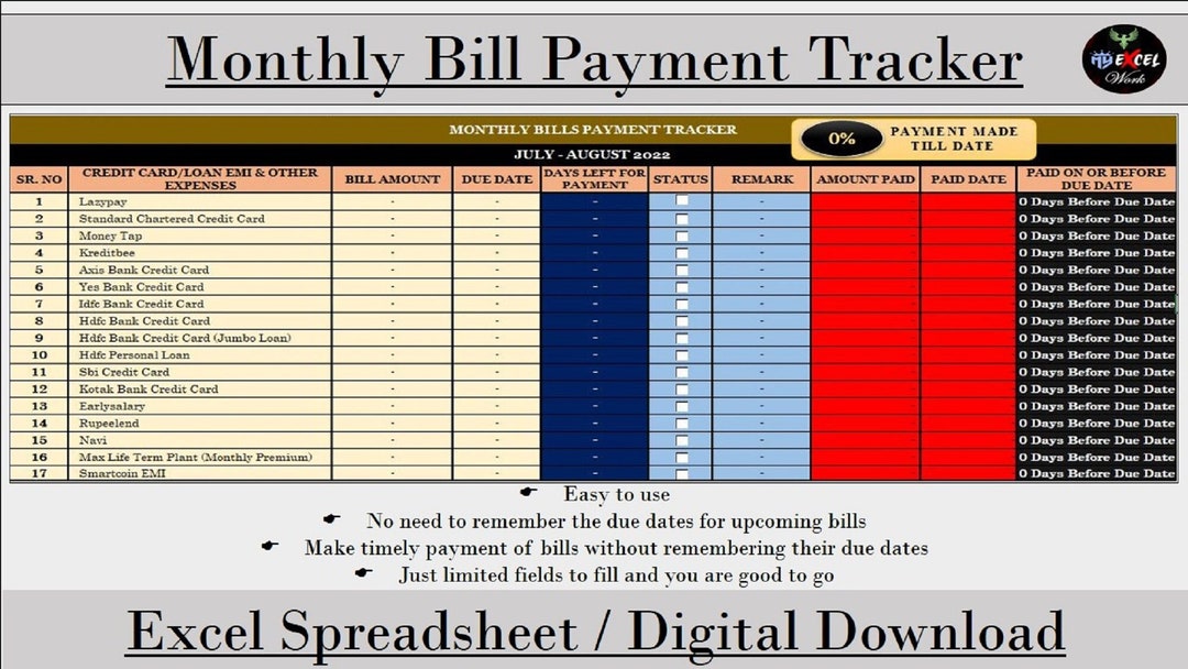 Monthly Bill Payment Tracker excel Template - Etsy