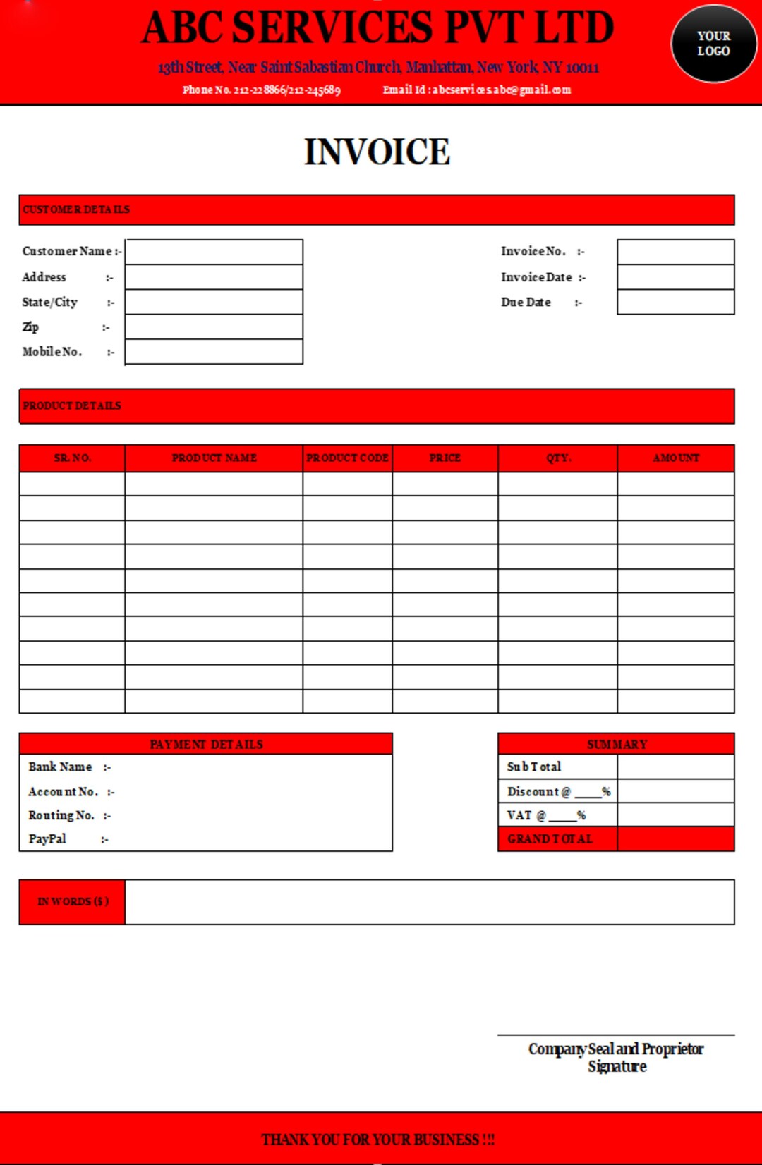 Invoice Template/ Editable Invoice Template in Excel Format - Etsy