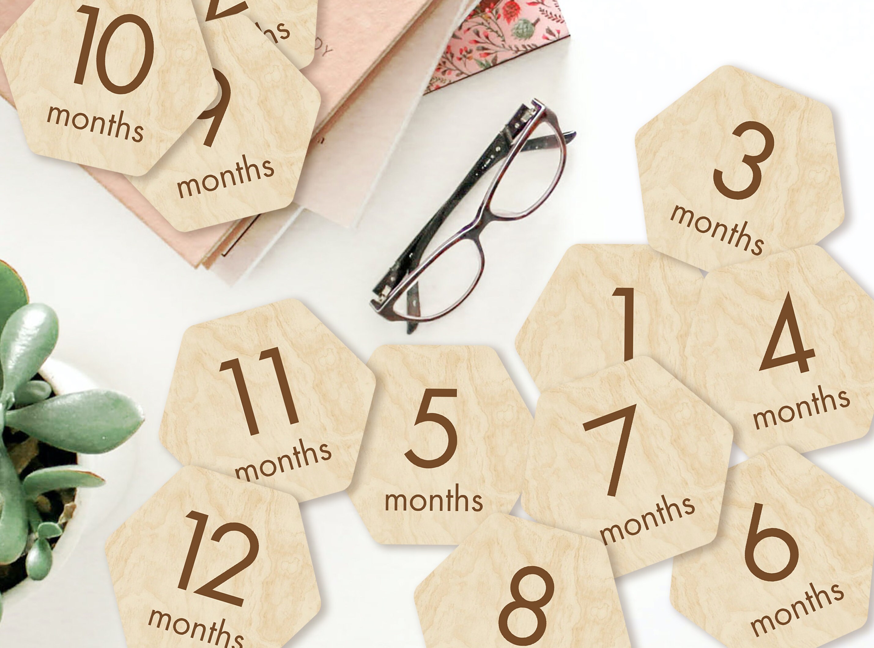 Simple Hexagon Minimalist Font Wooden Monthly Milestone Markers & Discs ...