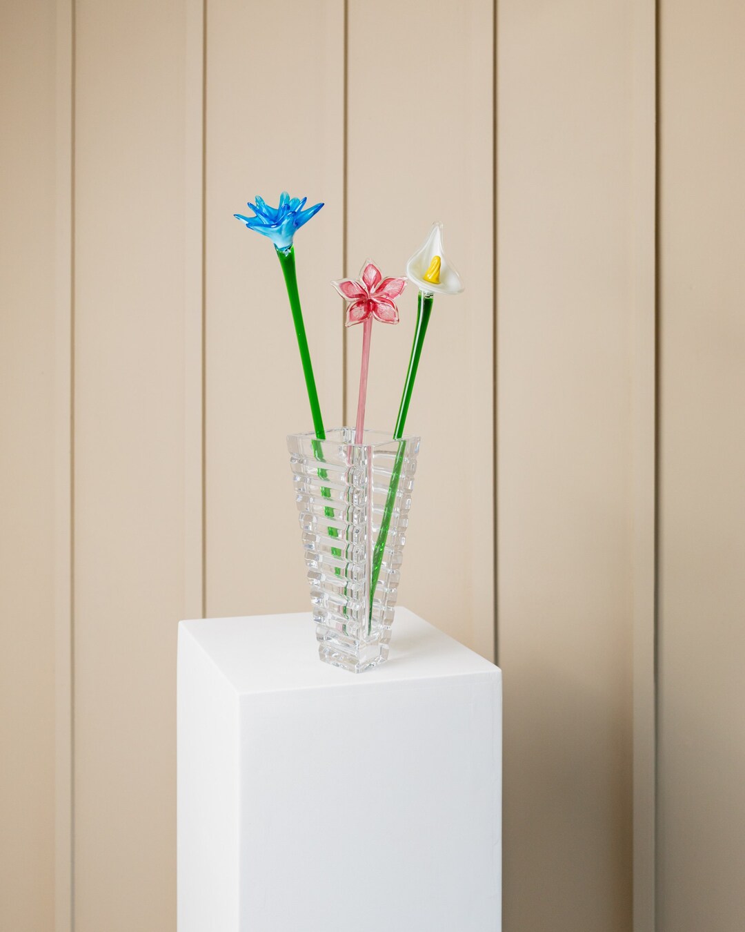 Set of 3 Murano Glass Flower Set Blue Dahlia, Pink Lily, White Kahla ...