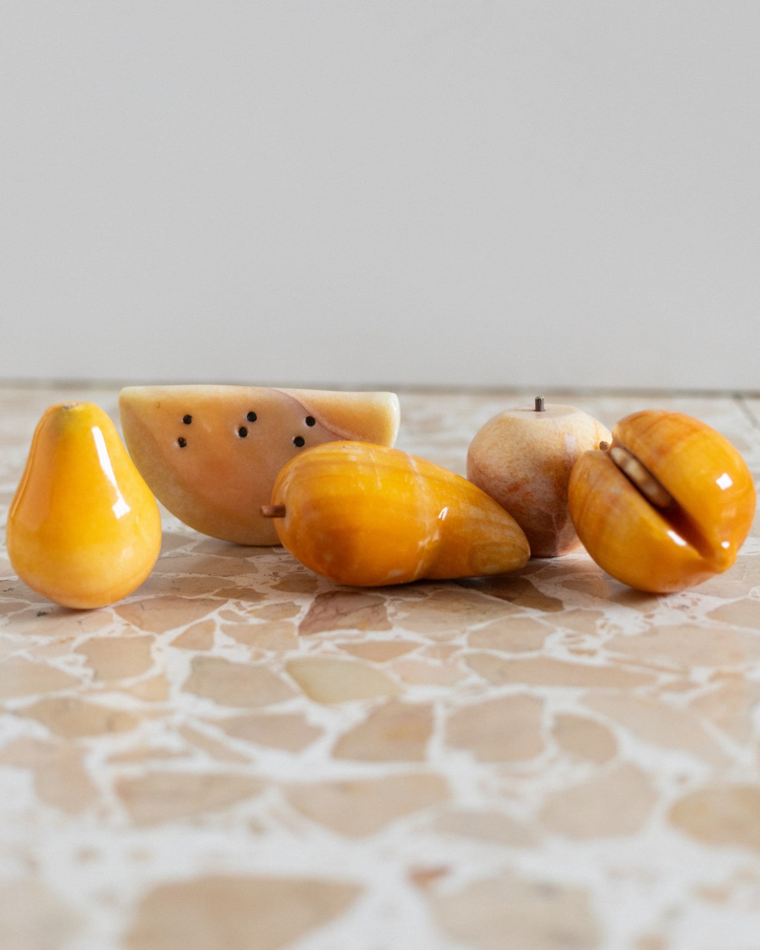 Set of 5 Vintage Alabaster Fruits - Yellow Stone Fruit Handmade - Mid ...