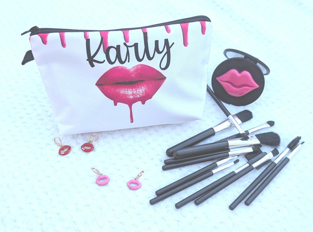 Personalized Makeup Bag Travel Set: Pouty Lips Design, Brushes & Mirror ...