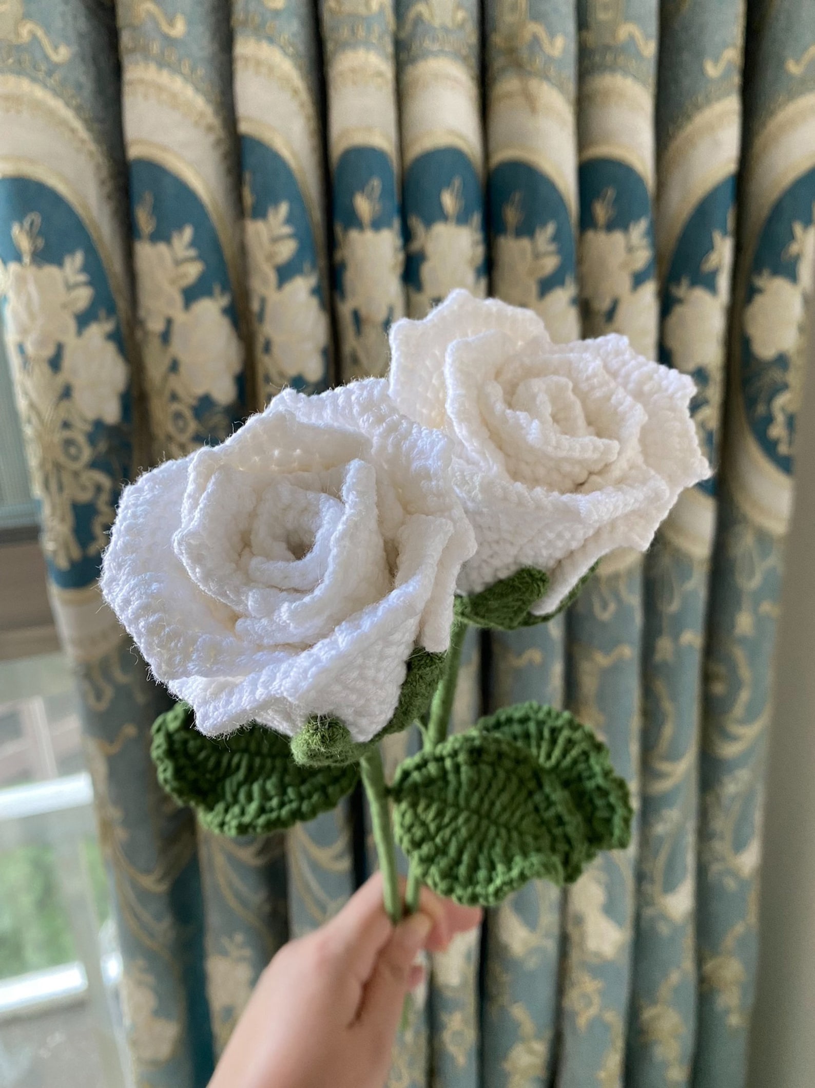 Crochet White Rose Crochet Flower Knitting White Rose With Leaves ...