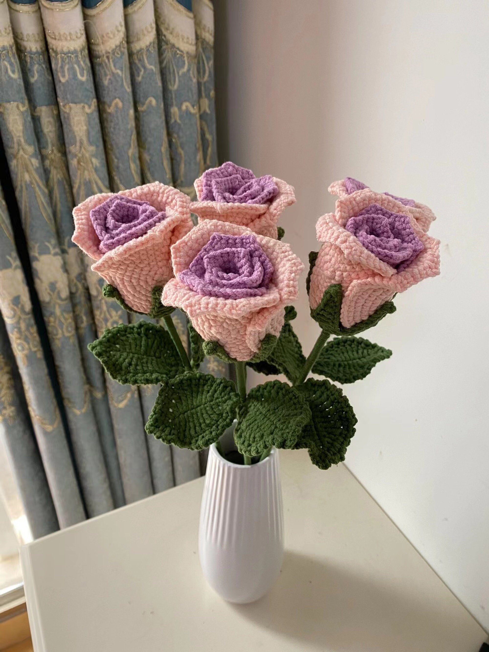 Crochet Pink Rose Crochet Flower Knitting Pink Rose With Leaves Crochet ...
