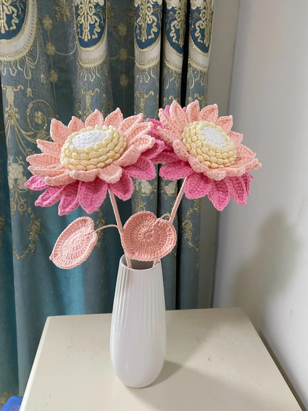 Finished Pink Sunflower Bouquet Crochet Double Layer Petals Sunflower ...