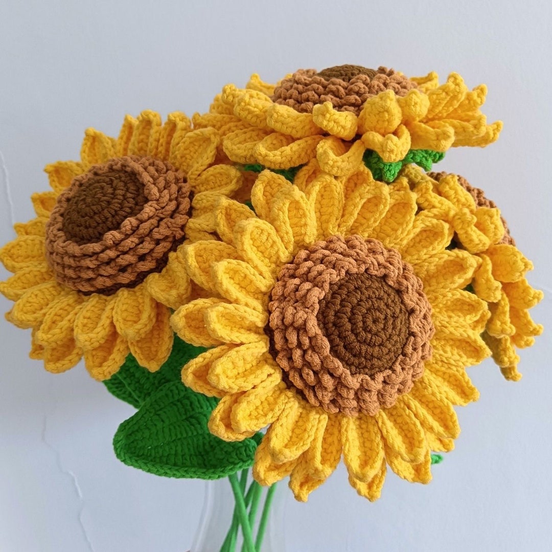 Finished Yellow Sunflower Bouquet Crochet Double Layer Petals Sunflower ...