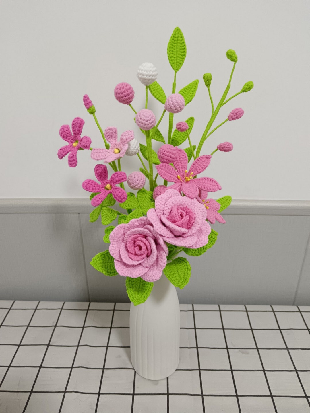 Finished Flower Bouquet Crochet Rose Bouquet Crochet Pink Flower ...
