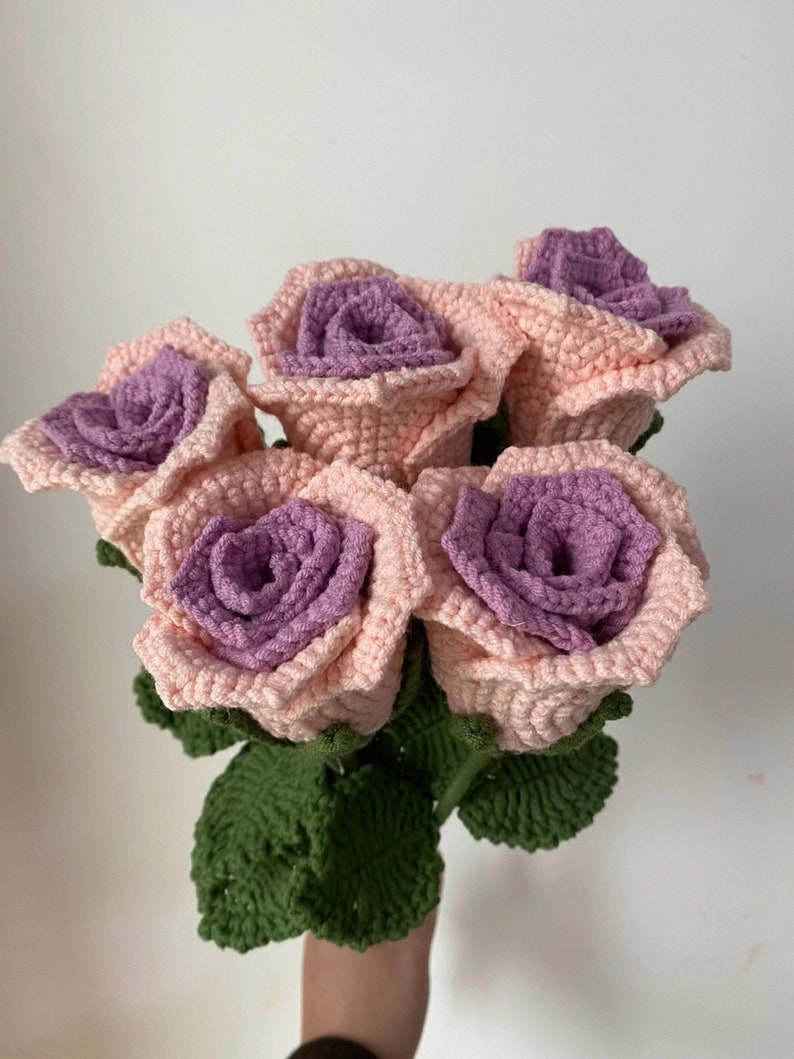 Crochet Pink Rose Crochet Flower Knitting Pink Rose With Leaves Crochet ...