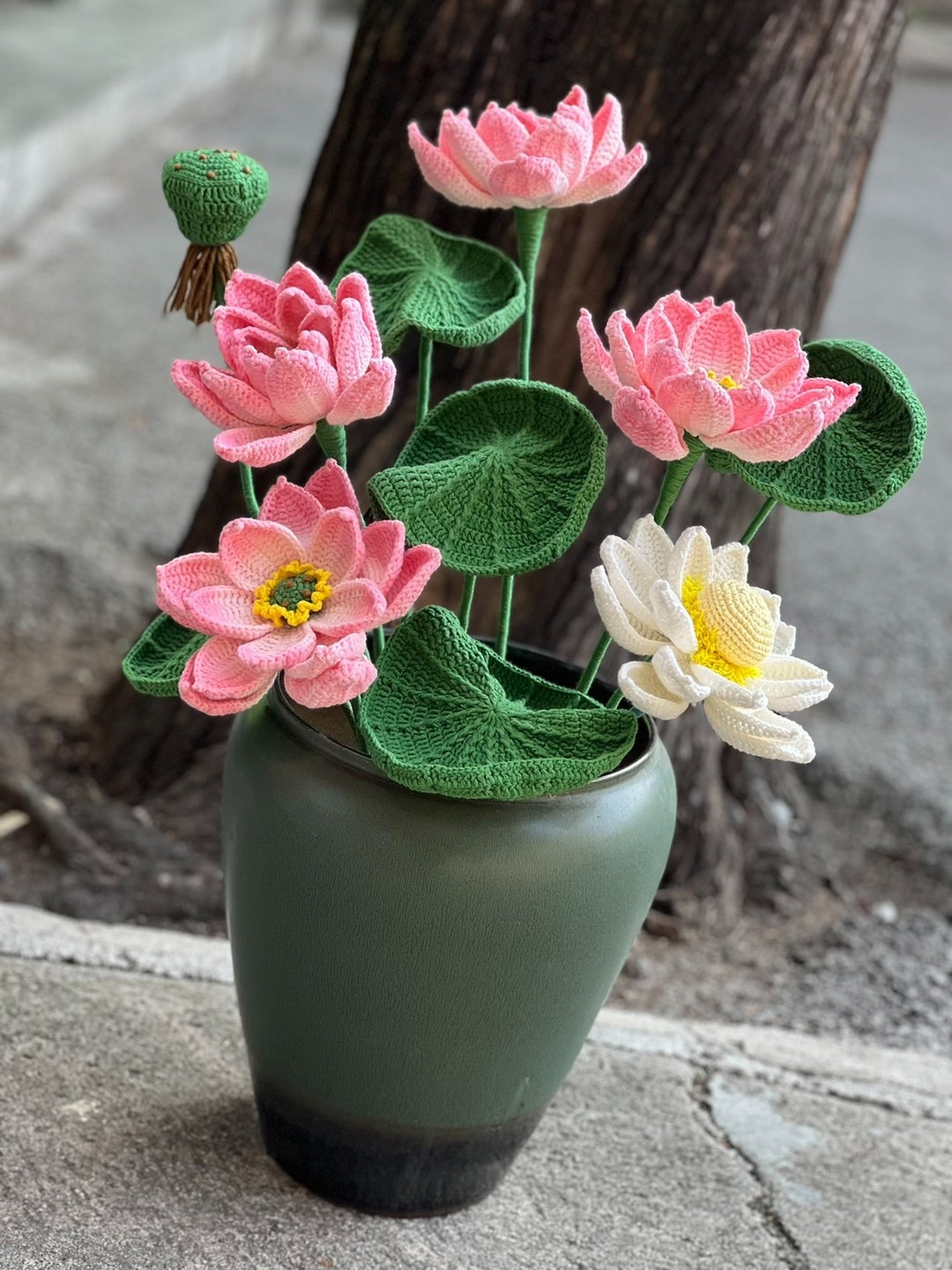 Finished Crochet Lotus Bouquet Pink Lotusflower With Seedpod Crochet ...