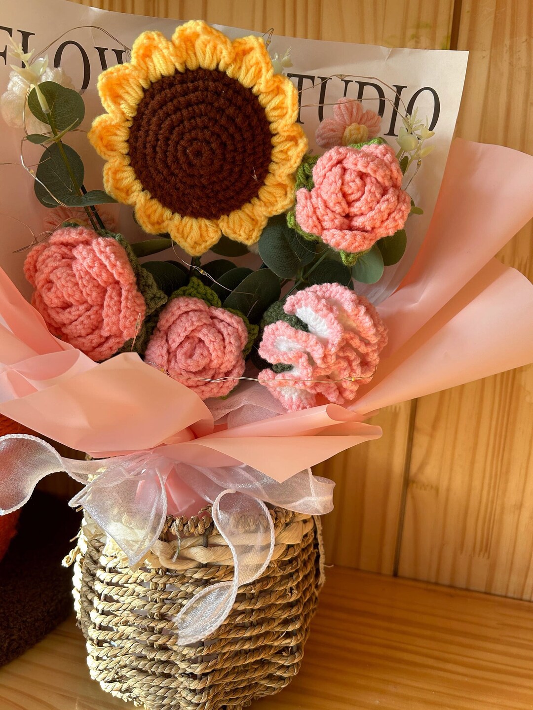 Finished Flower Bouquet Crochet Sunflower Knitting Roses With Leaves ...